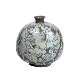 Buncheong Ware Flat Liquor Jar with Lotus Leaf and Fish Pattern ...