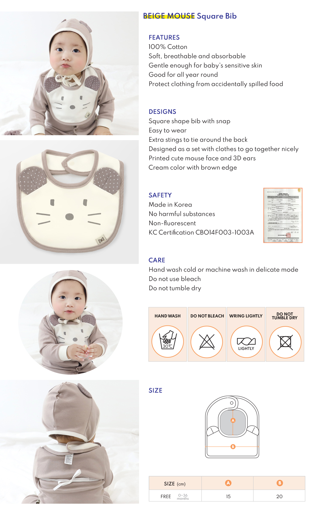 BEIGE MOUSE Square Type Cotton Bib for Spring/Fall - wholesale | Find ...